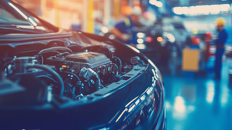 Close-Up of Car Engine with Mechanics at Work in Automotive Workshop ...