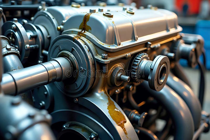 Close-Up of Car Engine with Splashing Oil in a Workshop Setting Stock ...