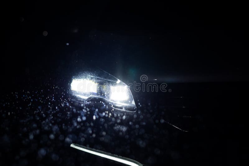 Close Up Car Lights at Night. Rainy Weather. Stock Image - Image of ...
