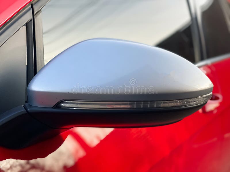 Close-up Car Mirror for Viewing the Blind Spots of a Red Car. Car ...