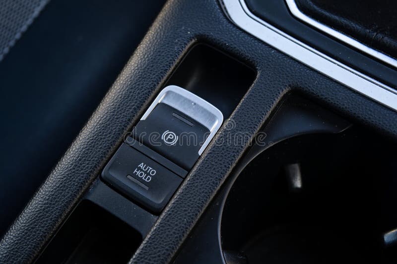 Close-up of Car Parking Brake and Auto Hold Button Stock Image - Image ...