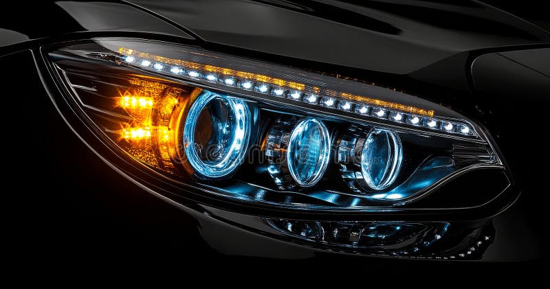 A Close Up of a Car S Headlights with Yellow and Blue Lights Stock ...