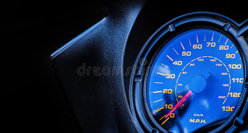 Close-up of the Car`s Speedometer. Copy Space. Over Speed. Arrow at ...