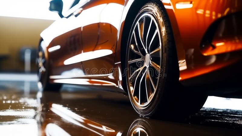 Close Up of Car S Wheels with Shiny Surface on the Ground. Generative ...