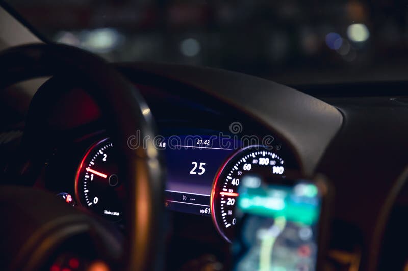 Close-up, Car Speed Indicators in a Car at Night. Stock Image - Image ...