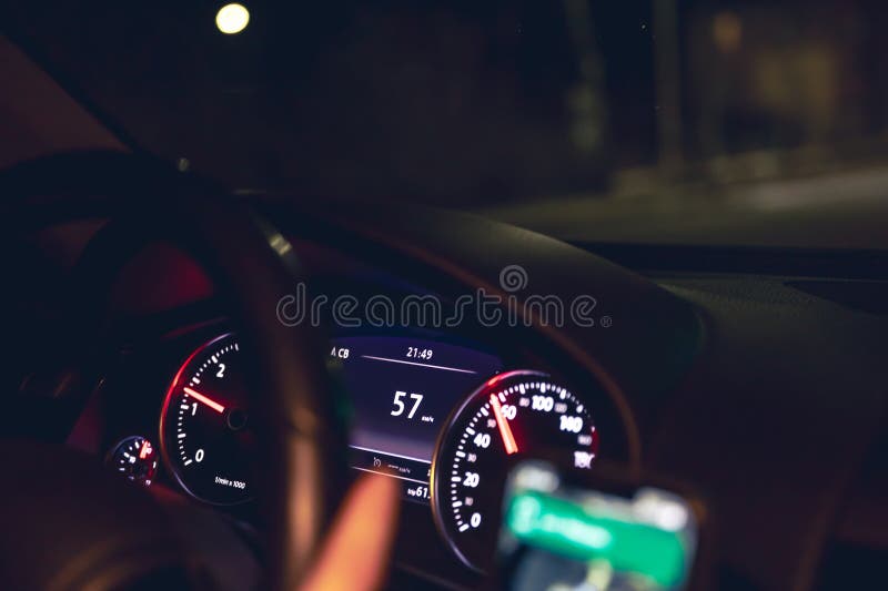 Close-up, Car Speed Indicators in a Car at Night. Stock Photo - Image ...
