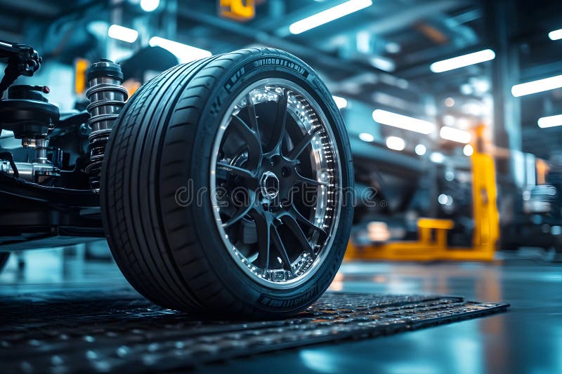 Close-up of Car Wheel and Suspension System in a Modern Auto Workshop ...