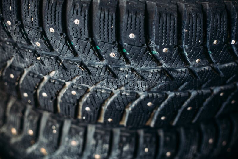Close-up of Car Wheel, Winter Tire with Iron Spikes Stock Photo - Image ...