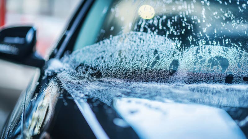 A Close-up of a Car Windshield Being Cleaned with Soap and Water Stock ...