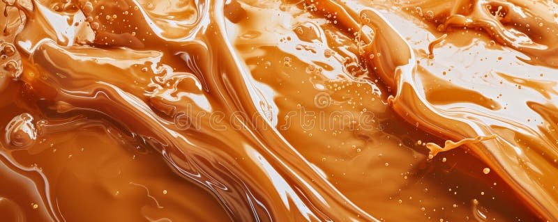Close-up of Caramel Texture with Flowing Liquid and Bubbles, Abstract ...