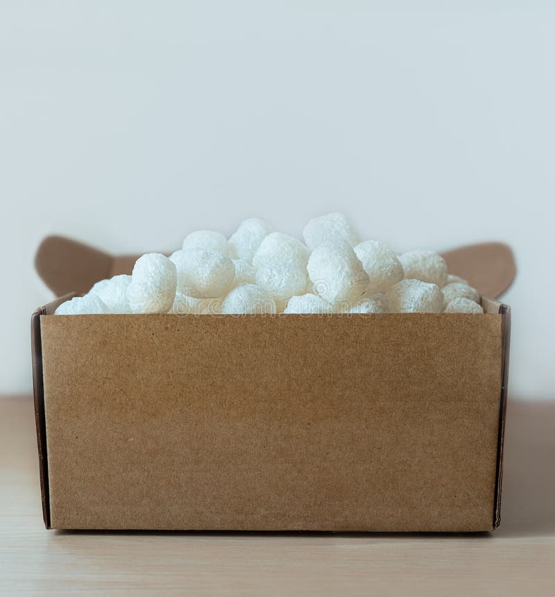 Close-up of Cardboard Box Filled with Eco-friendly Corn Based Packing ...