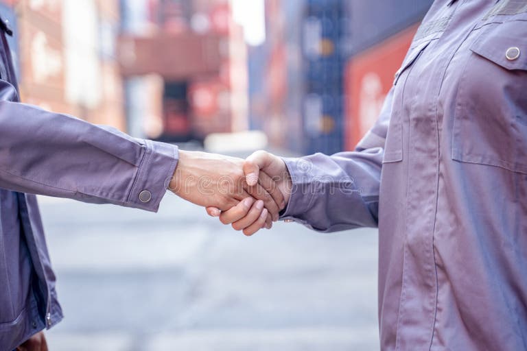 Cargo Container Dock Ship Workers Doing Hands Shake Together on Success ...