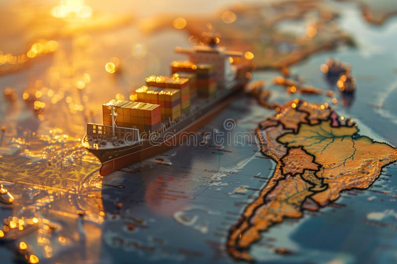 Close Up of Cargo Ship Model with Containers on the World Map. Stock ...