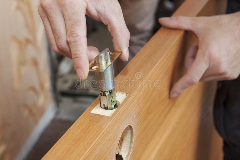 Close-up Carpenter Hands Door Lock Installation. Stock Image - Image of ...