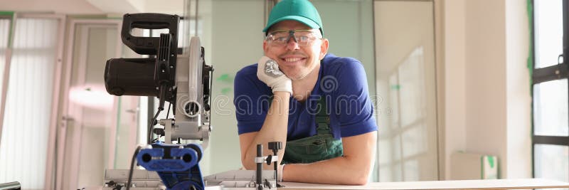 Carpenter Working in Workshop and Looking at Camera with Gladness Stock ...