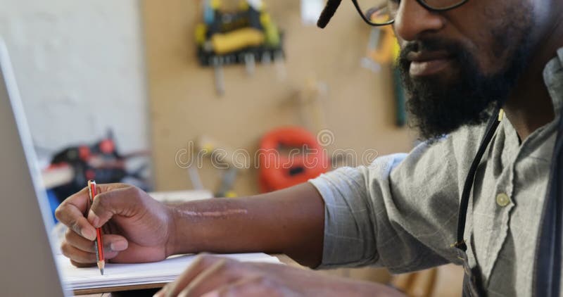 Carpenter, Man and Writing in Workshop for Woodwork with Checklist ...