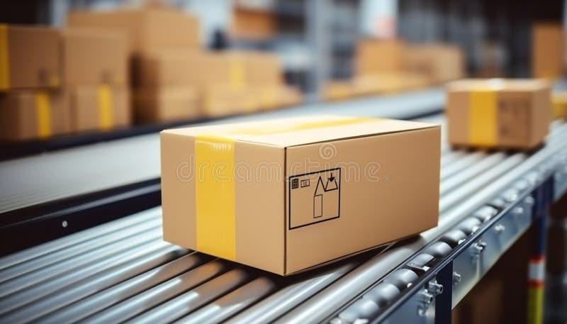 Close-up of Carton Boxes on Conveyor Belt in Warehouse Products Stock Illustration ...