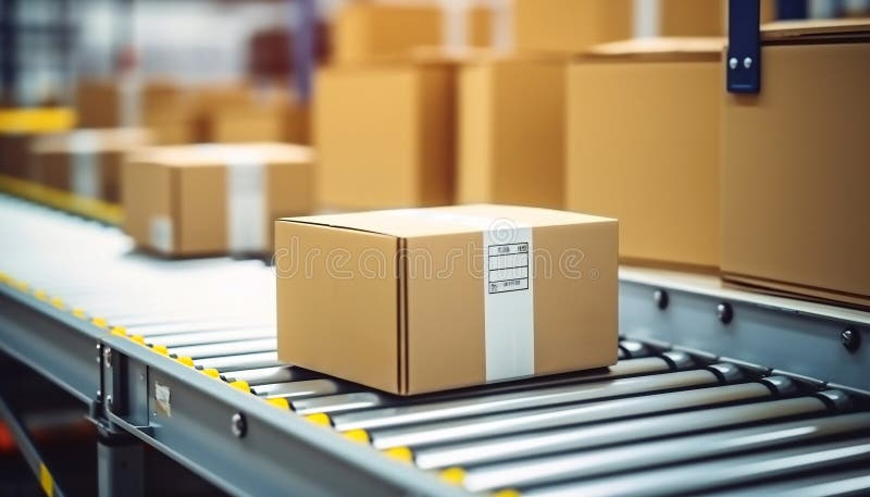 Close-up of Carton Boxes on Conveyor Belt in Warehouse Products Stock ...