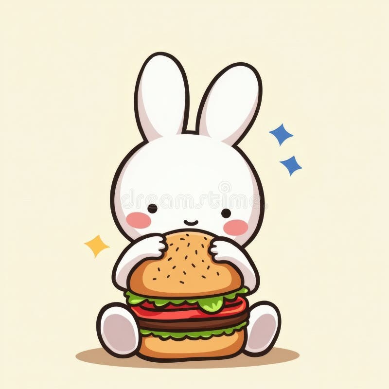 Close Up Cartoon of a Bunny Eating a Hamburger Stock Illustration ...