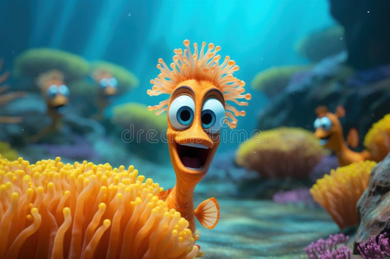A Close Up of a Cartoon Fish with an Orange Sea Anemone. Generative AI ...