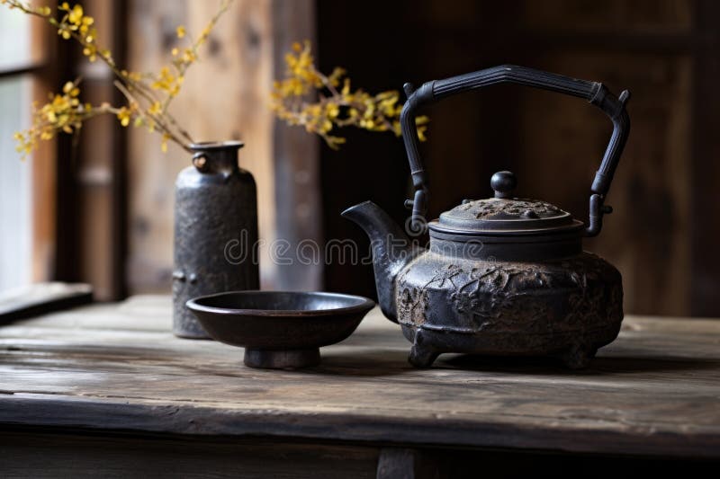 Close-up of a Cast Iron Japanese Teapot on a Rustic Wooden Table Stock ...
