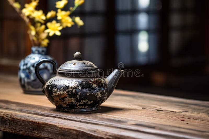 Close-up of a Cast Iron Japanese Teapot on a Rustic Wooden Table Stock ...