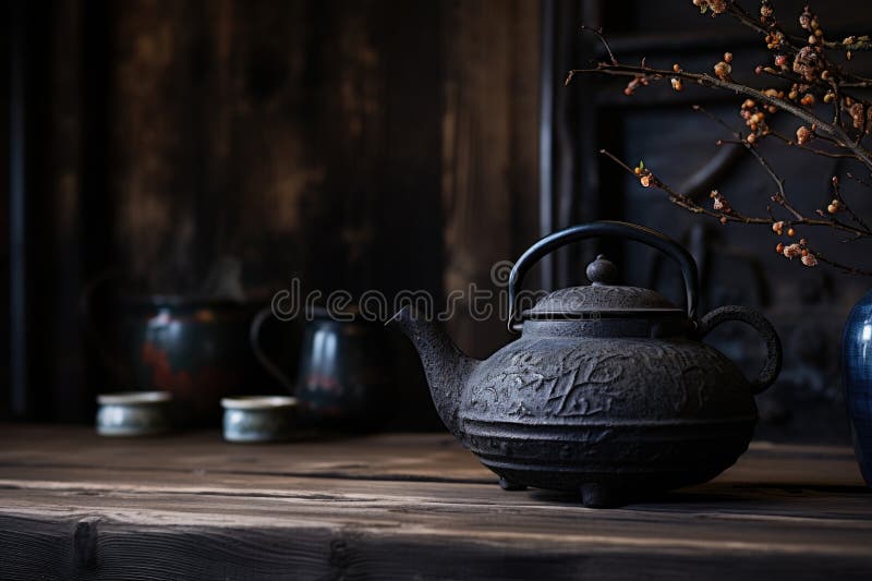 Close-up of a Cast Iron Japanese Teapot on a Rustic Wooden Table Stock ...