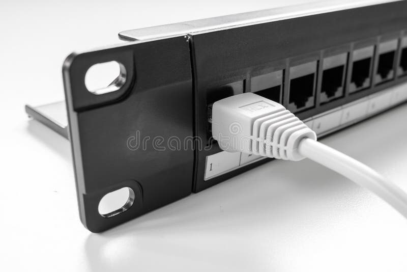 Close-up of a Cat5e 24-Port Patch Panel Showing an Ethernet Patch Lead ...