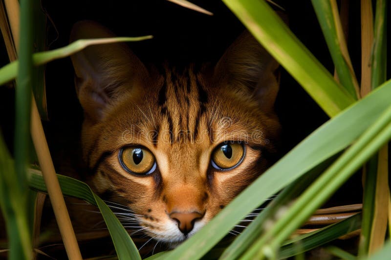 A Close Up of a Cat Peeking Out from Behind Some Tall Grass Stock ...