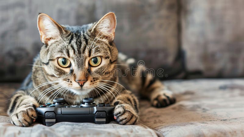 Close-up of Cat Playing Video Game. Funny Cat with Joystick Controller ...
