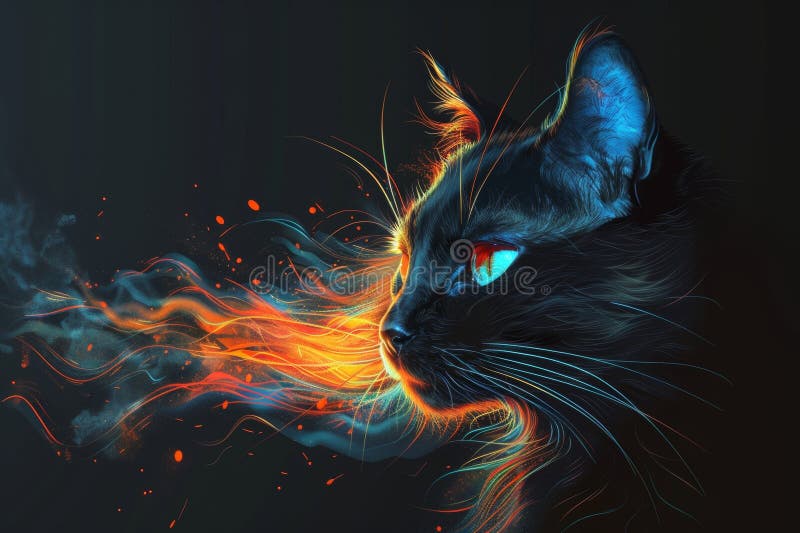 Close Up Cat Black Background Magical Creature Made Fire Stock Photos ...