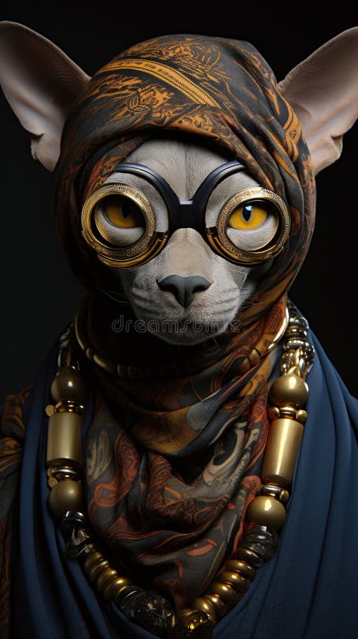 A Close Up of a Cat Wearing a Scarf Sphynx Cat Character. Stock ...