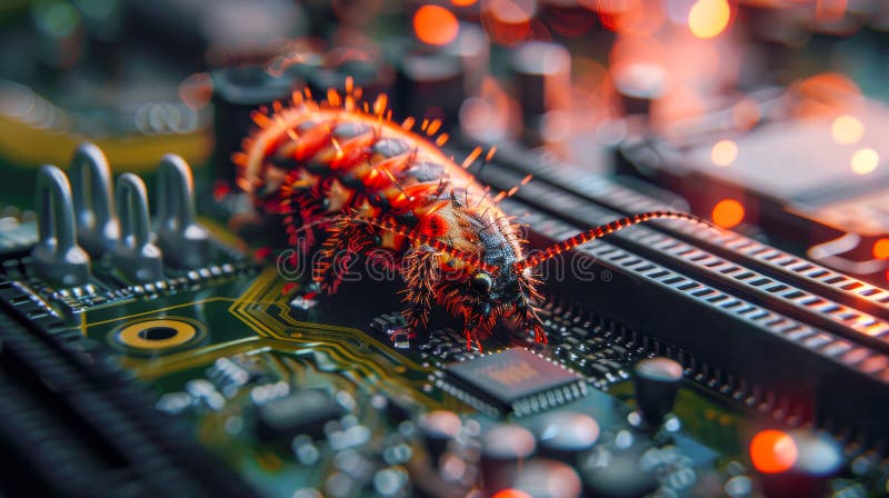 Close Up of a Caterpillar Crawl on a Computer Hardware. Computer Virus ...