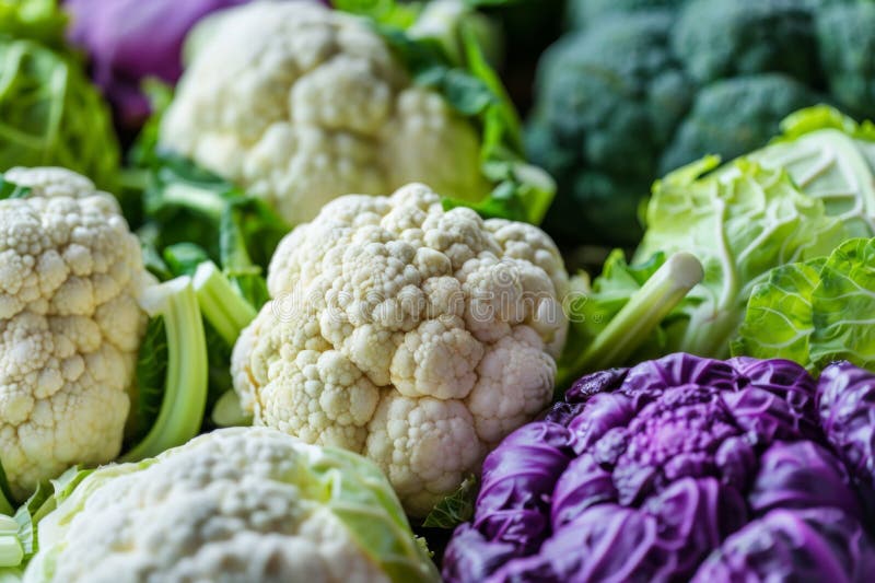 Close Up of Cauliflower Types Displaying Different Colors and Textures ...
