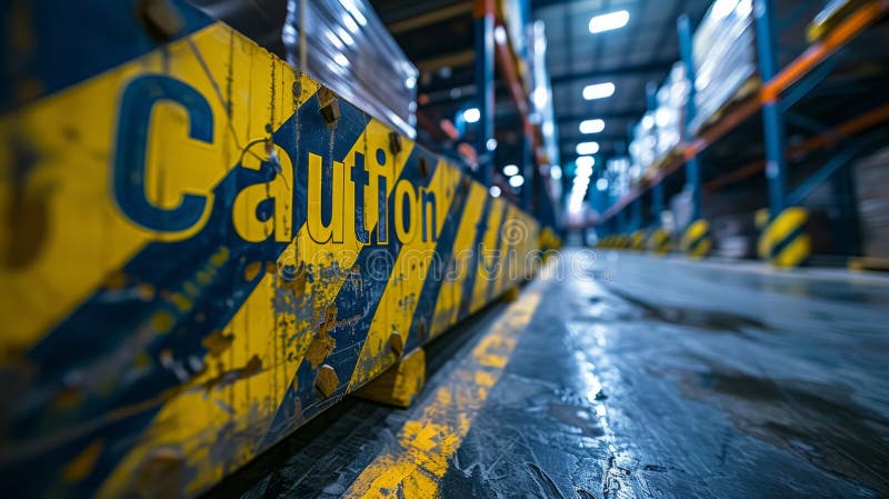 Close-up of Caution Sign in an Industrial Warehouse Setting. Stock ...