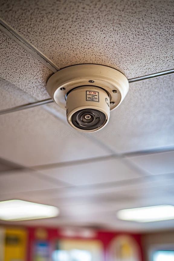 Close-up, Ceiling-Mounted Security Camera in Office Setting with Bright ...