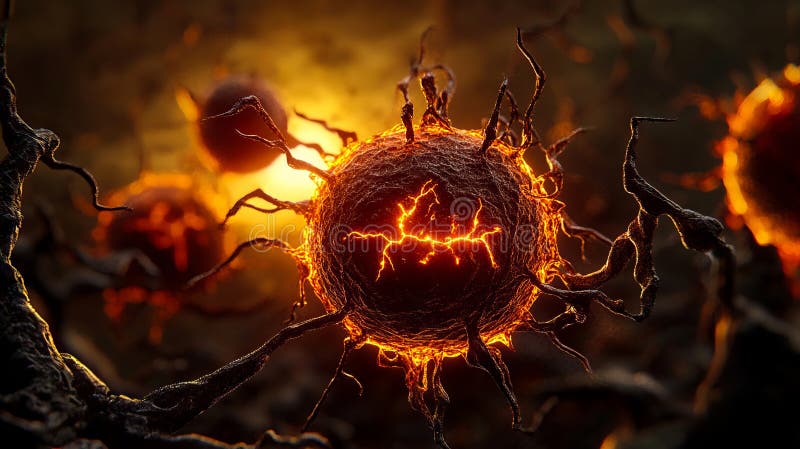 A Close Up of a Cell with a Bright Orange Light Coming Out of it Stock ...