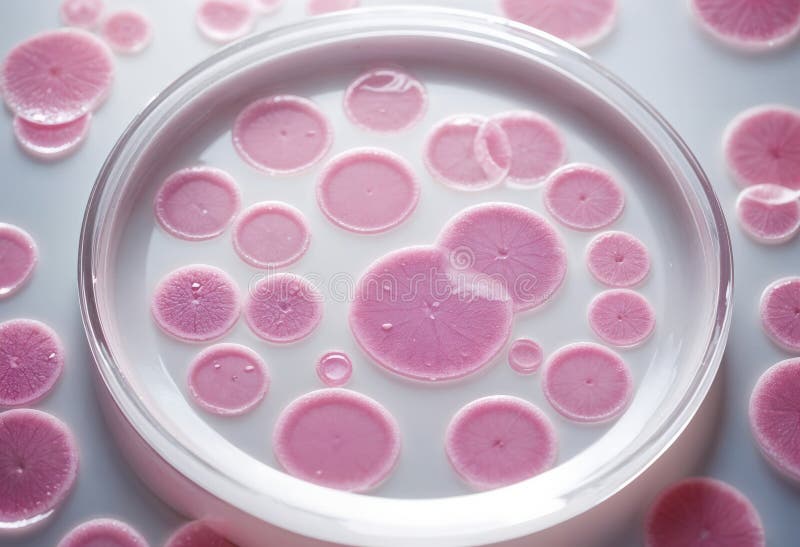 A Close Up of a Cell Culture Dish with Pink Stained Cells Under a ...