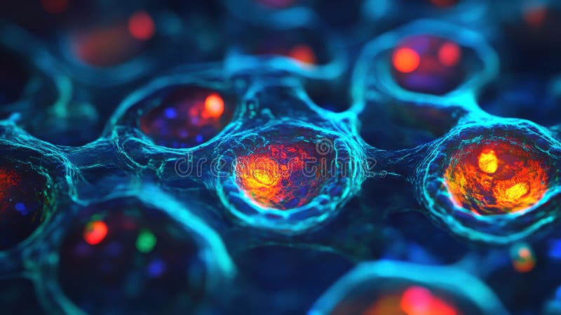 A Close Up of a Cell with Many Small Red and Blue Dots Stock ...