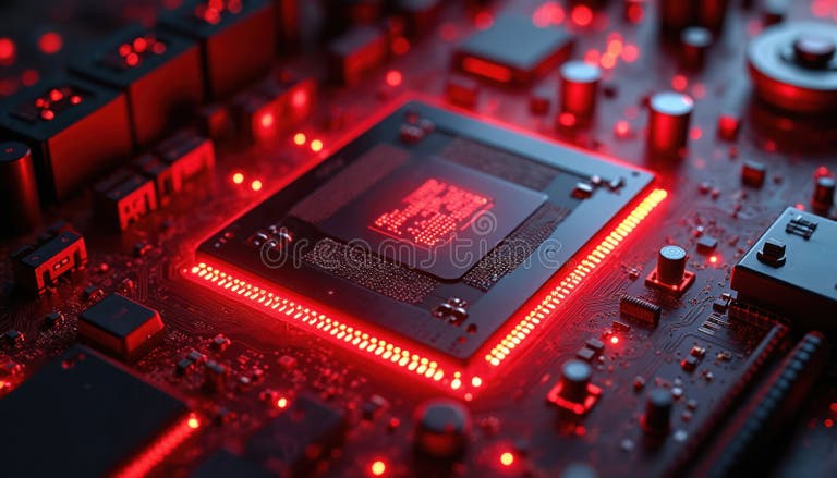 Close-up of Central Processing Unit, Illuminated Red. Modern Computer ...