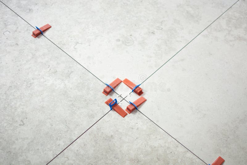 Close-up of Ceramic Tile Installation with Tile Clips and Spacers for ...