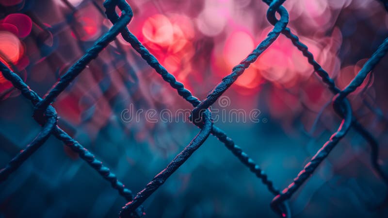 A Close Up of a Chain Link Fence with Some Blurry Lights in the ...