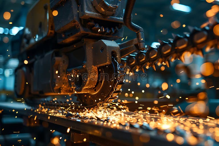 Close-up of Chainsaw Assembly with Precision Tools in High-tech Factory ...