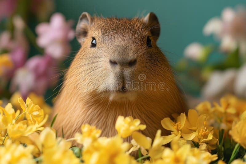 Close-up of a Charming Capybara Surrounded by Vibrant Yellow Flowers ...