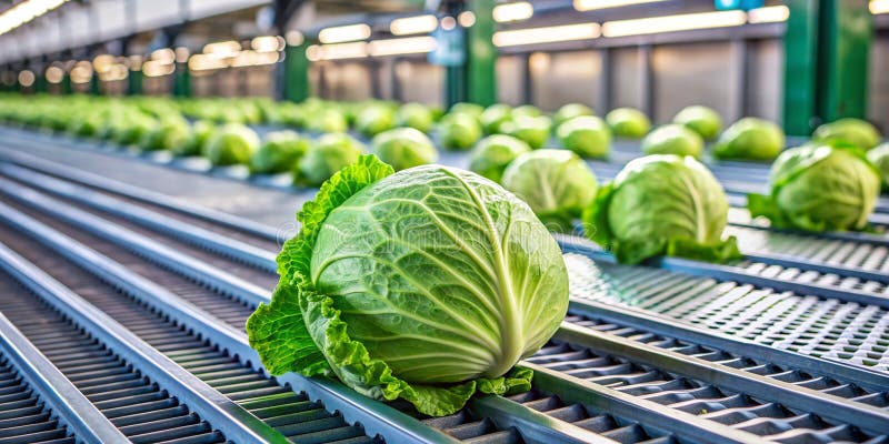 Close Up Check Cabbage on Modern Conveyor in Industry Plant Vegetables ...