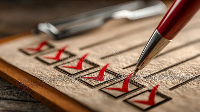Close-up of a Checklist with Red Check Marks Being Filled in Using a ...