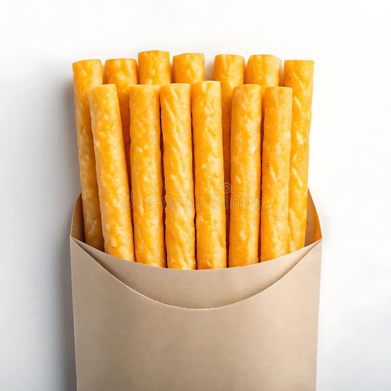 A Close Up of Cheese Flavored Cracker Sticks in a Brown Paper Bag on a ...