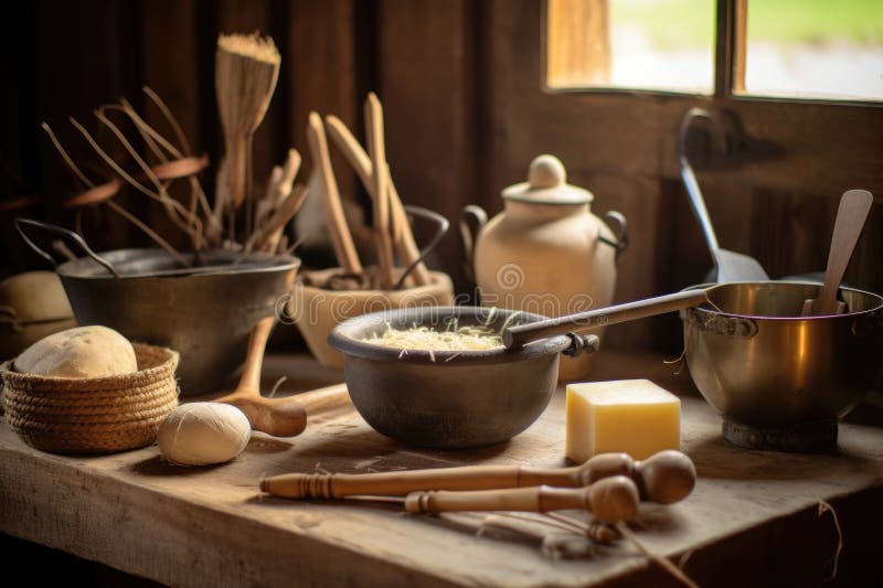 Close-up of Cheese-making Tools on Wooden Table Stock Illustration ...