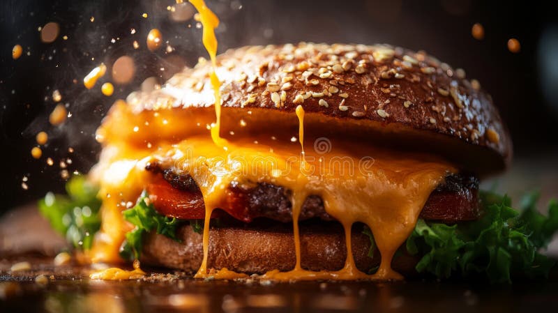 Close-up of a Cheeseburger with Melted Cheese Dripping Stock ...