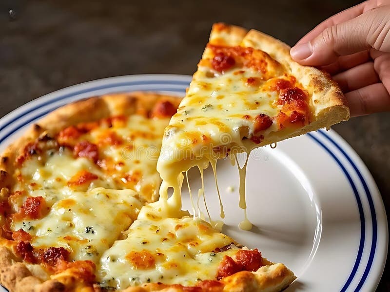 Close-up of a Cheesy Four-cheese Pizza Slice Being Lifted Stock ...